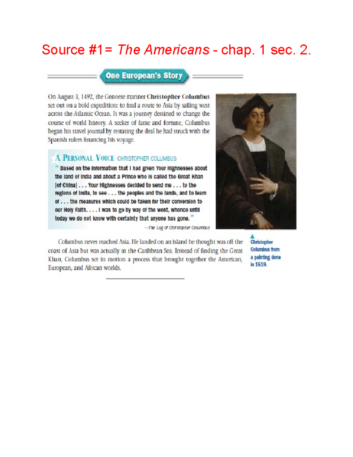 Case Study Christopher Columbus (S) - Source #1= The Americans - chap ...