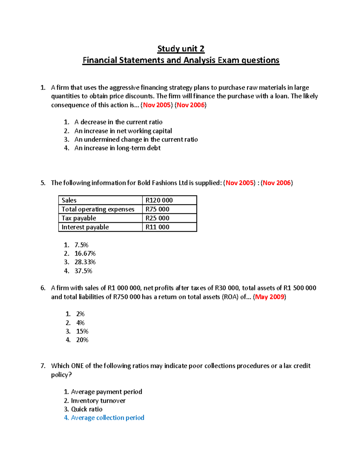 FIN2603 Study unit 2 Qs&As - Study unit 2 Financial Statements and ...