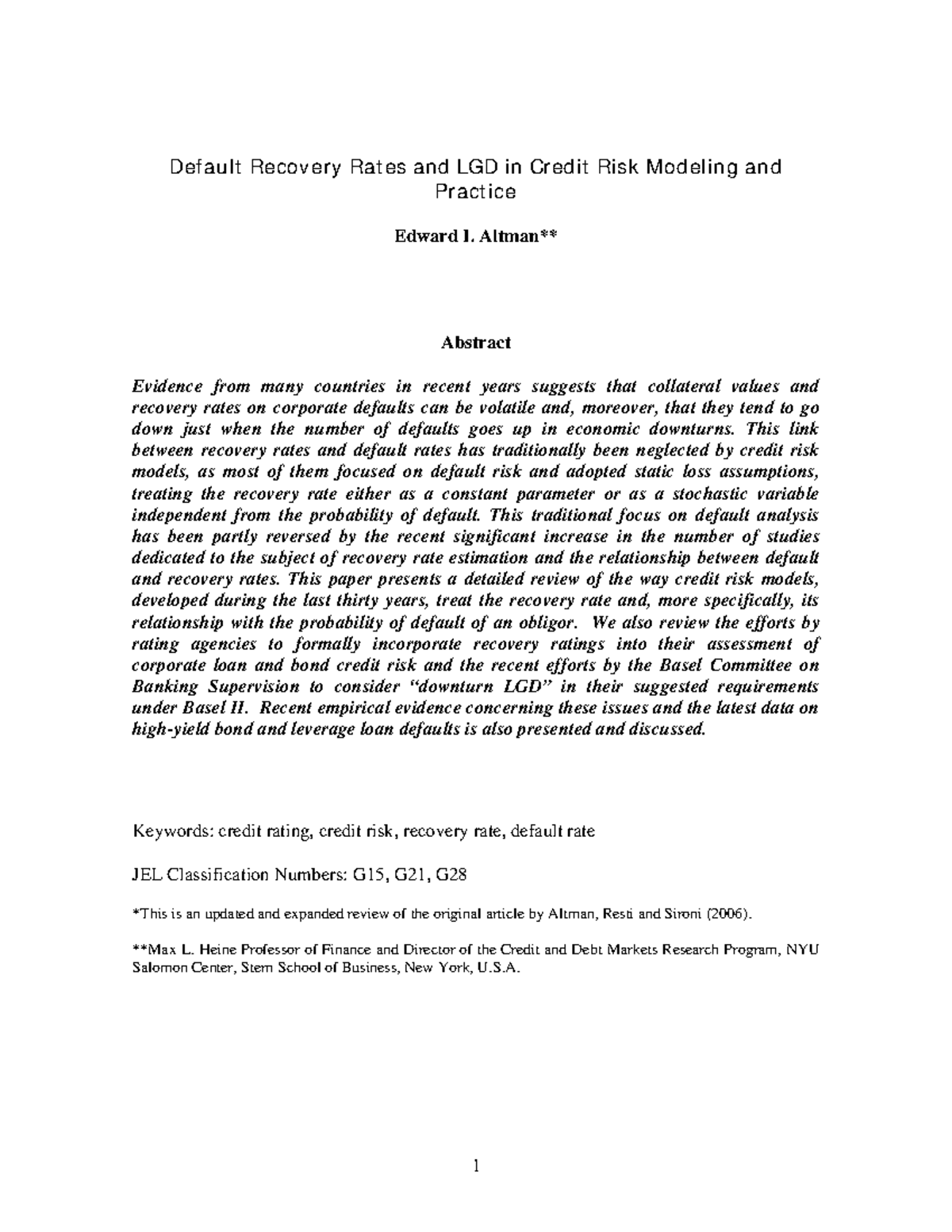 Updated Reviewof Literature - Default Recovery Rates and LGD in Credit ...