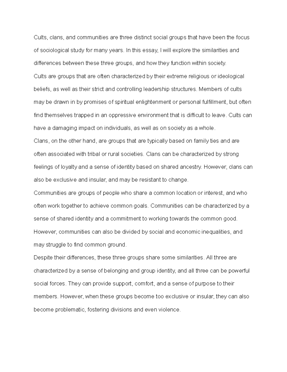 Cults, Clans, and Communities Essay - Cults, clans, and communities are ...