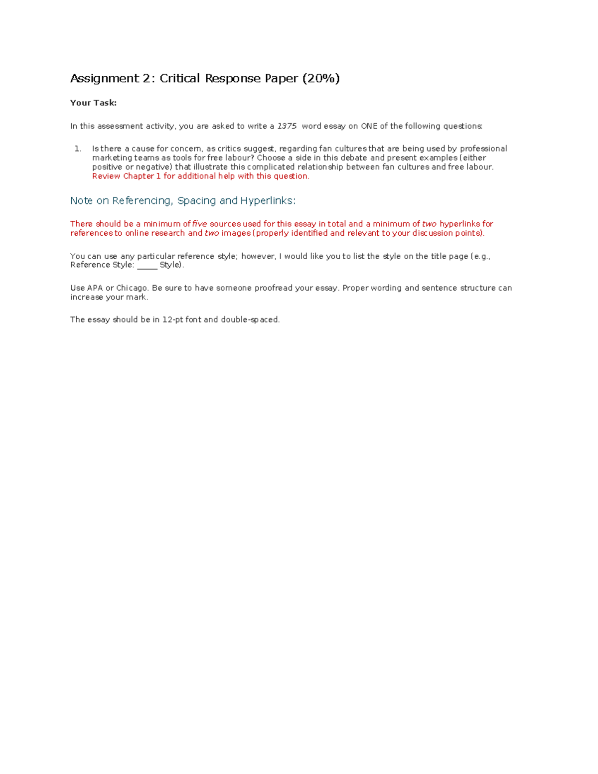 Assignment 2 Instruction - Assignment 2: Critical Response Paper (20% ...