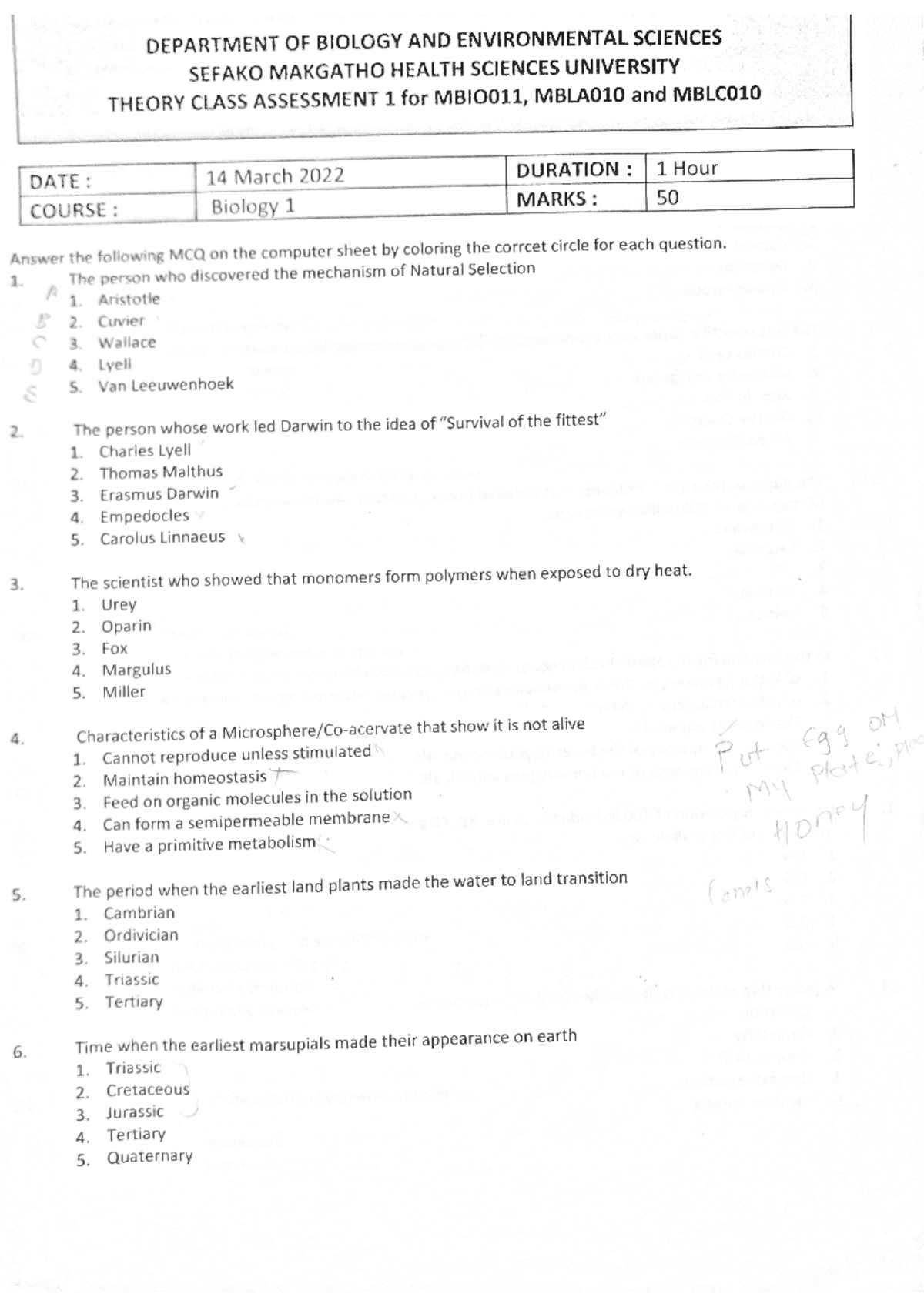Biologytest 1 2022 - Question papers for practice - MBIO000 - Studocu