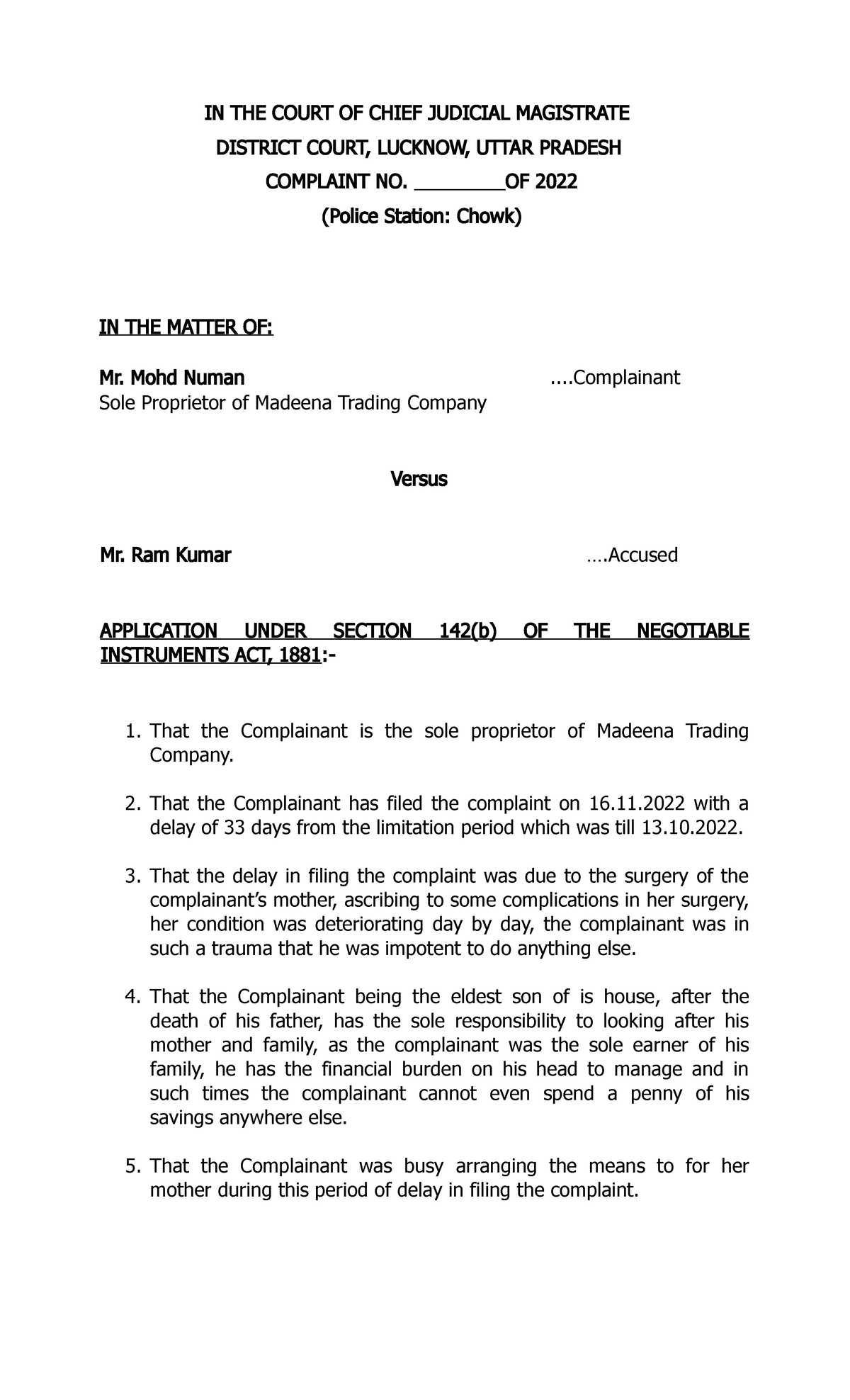 142 b NI Act Application For Delay In Filing Complaint Under 138 NI