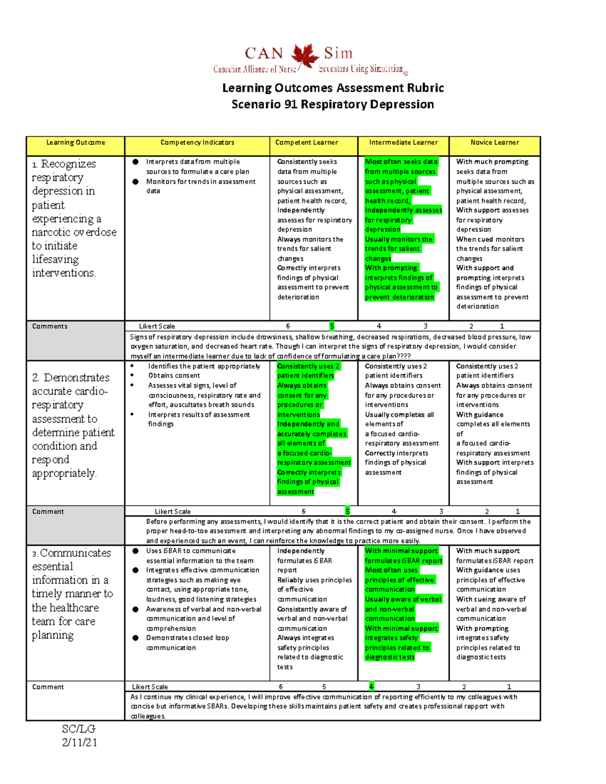 2. (post) Self-Assessment Rubric Resp Deprsn - Learning Outcomes ...