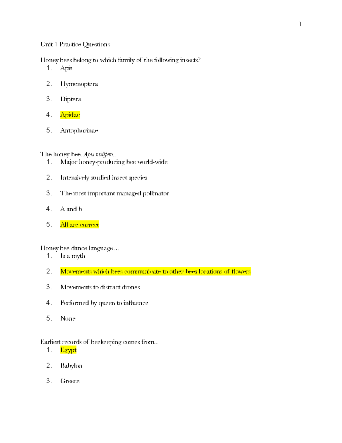 Answer Key - Unit 1 Practice Questions Honey bees belong to which ...