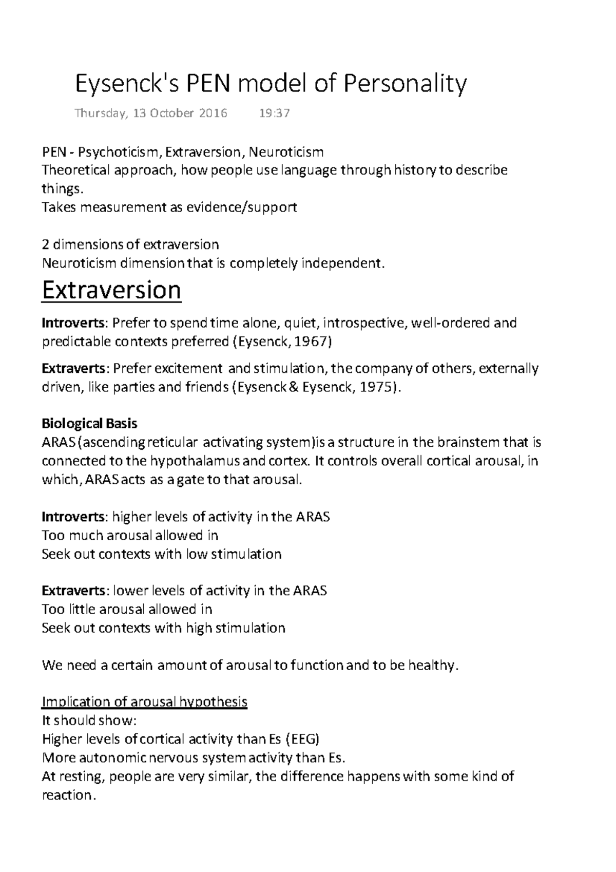 Eysenck's PEN model of Personality - PEN model of Personality Thursday ...