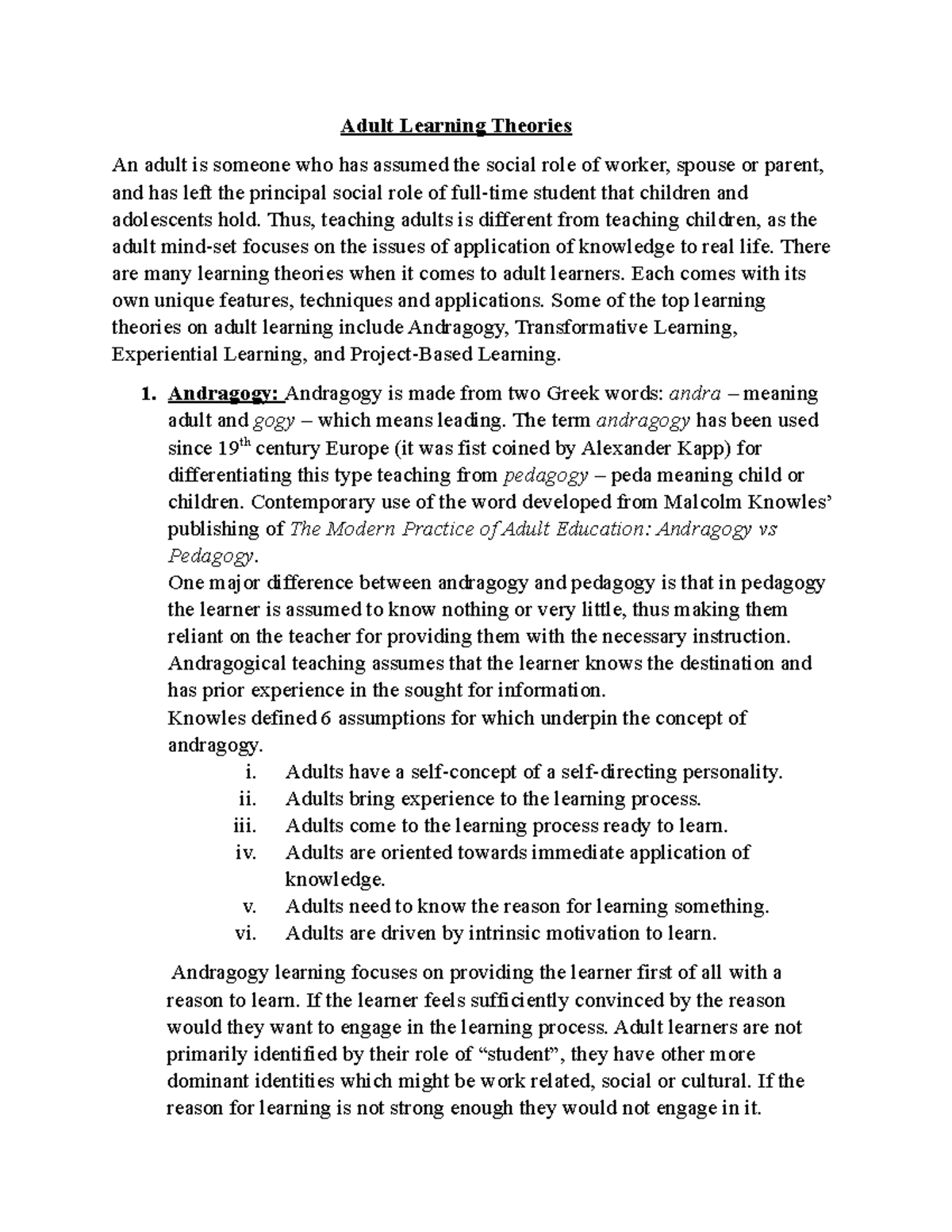 Adult Learning Theories - Thus, teaching adults is different from ...