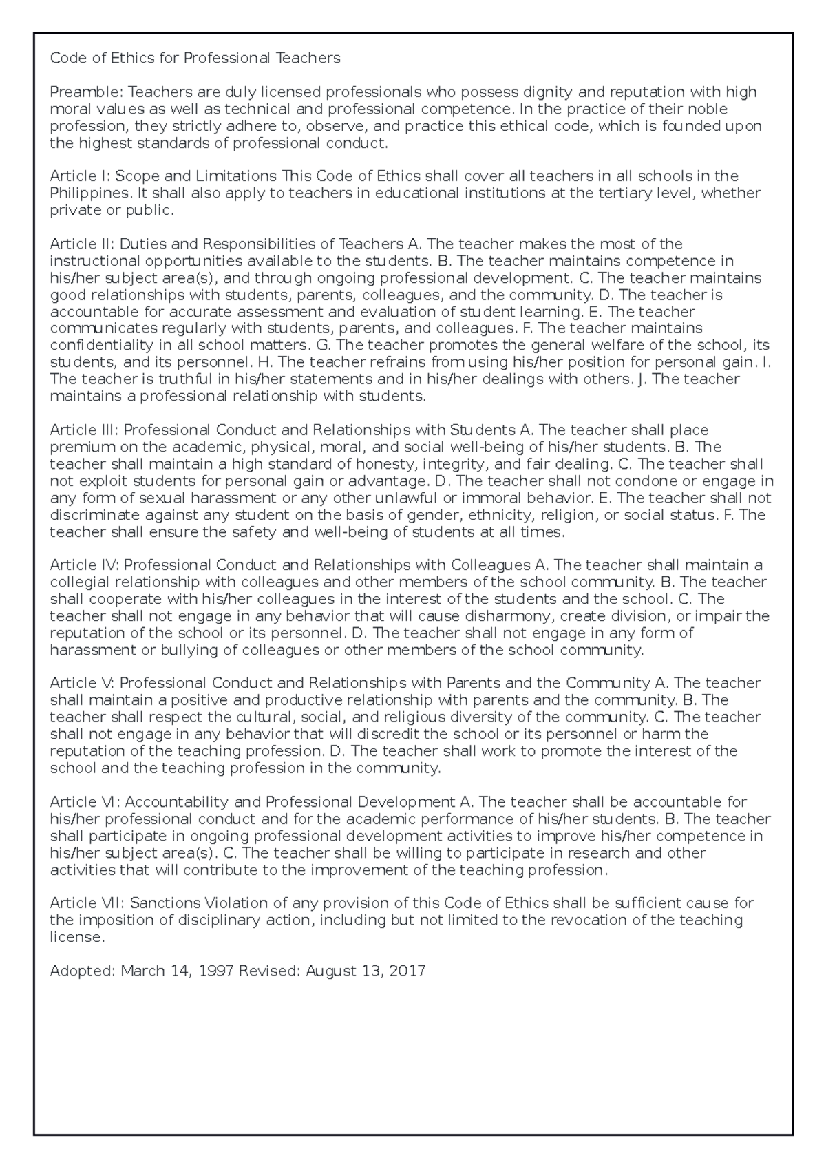 Code of Ethics for Professional Teachers - Code of Ethics for ...