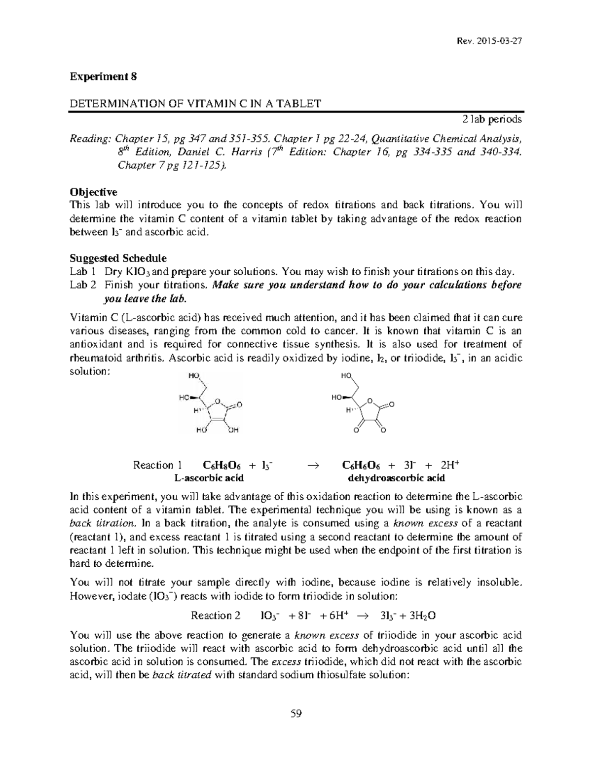 Experiment 8 - lab report - Experiment 8 DETERMINATION OF VITAMIN C IN ...