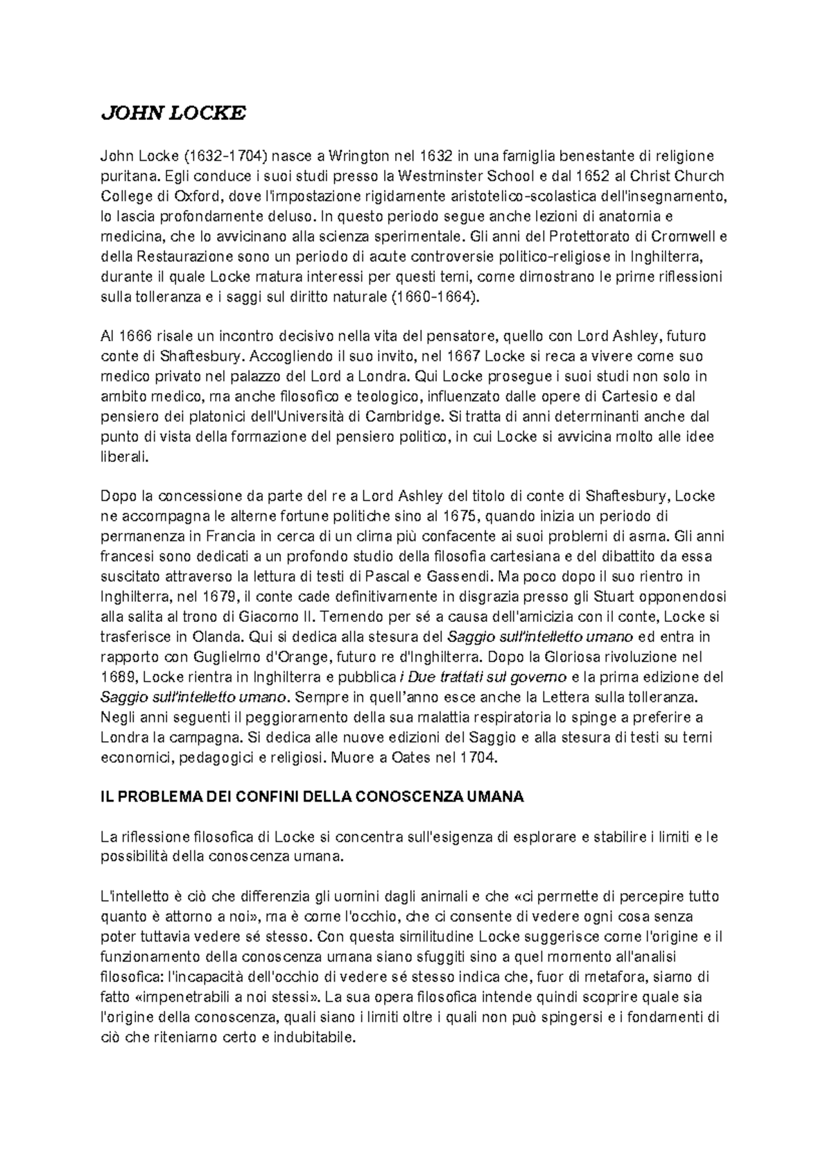 JOHN Locke - JOHN LOCKE John Locke (1632-1704) nasce a Wrington nel ...