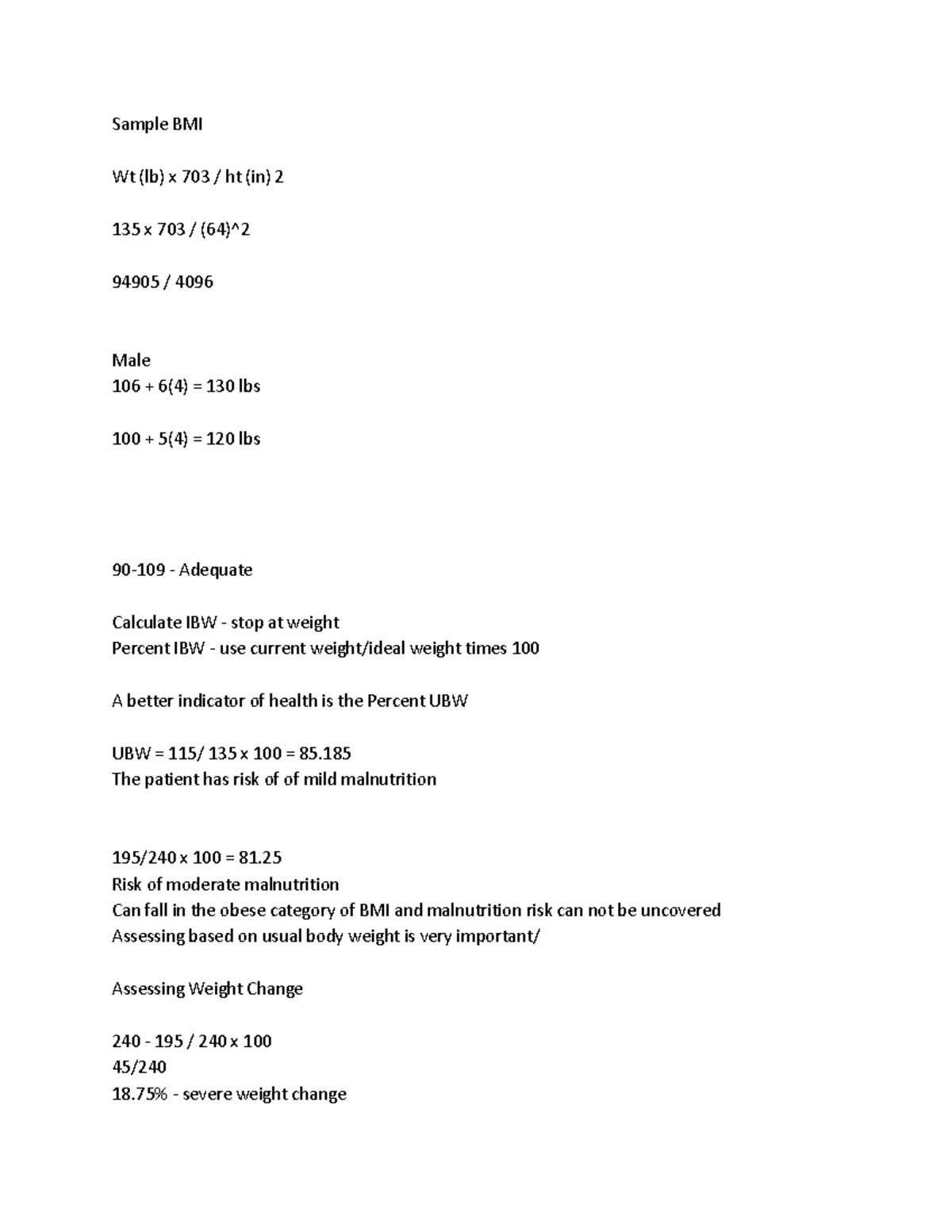 Sample BMI - bmi - Sample BMI Wt (lb) x 703 / ht (in) 2 135 x 703 / (64 ...