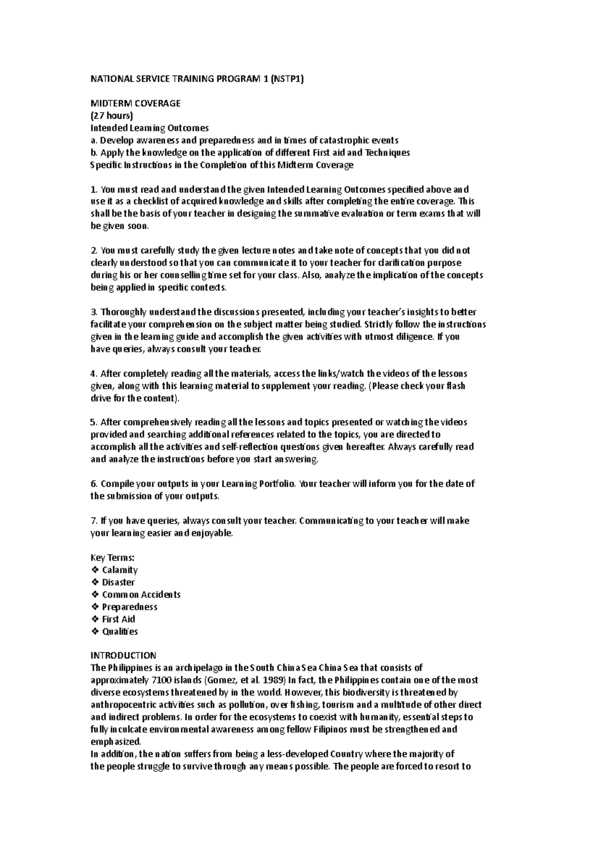 Nstp 1 Midterm Coverage National Service Training Program 1 Nstp1 Midterm Coverage 27 Hours