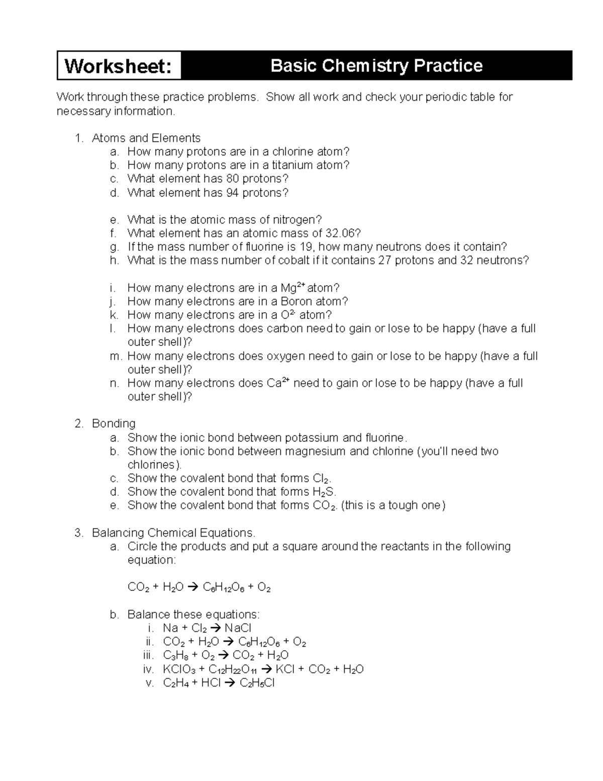 Basic Chemistry Practice - Work through these practice problems. Show ...