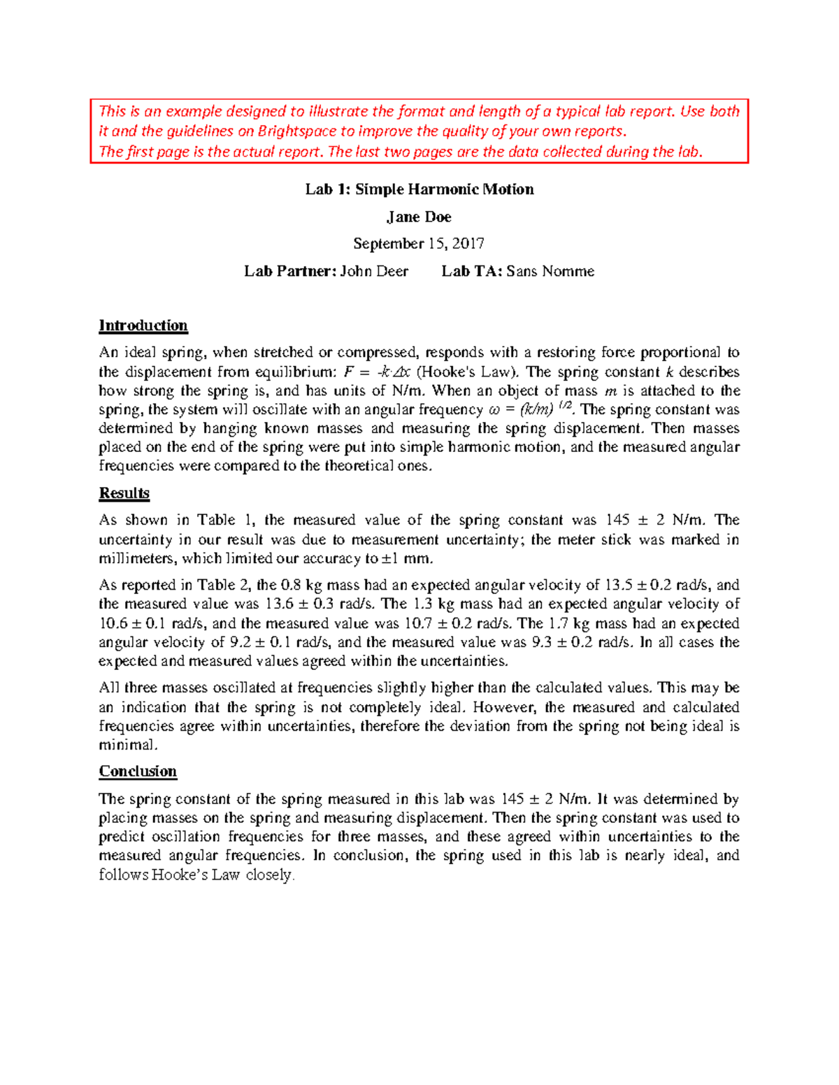 Example Lab Report - This is an example designed to illustrate the ...