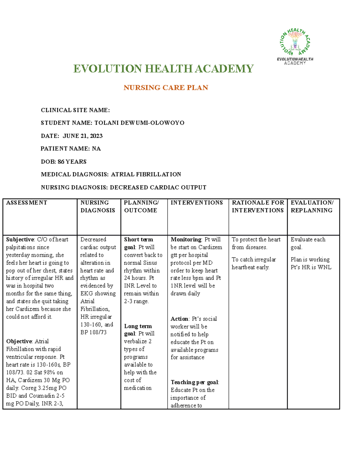 Care Plan 1 - care plan assignmemt - EVOLUTION HEALTH ACADEMY NURSING ...
