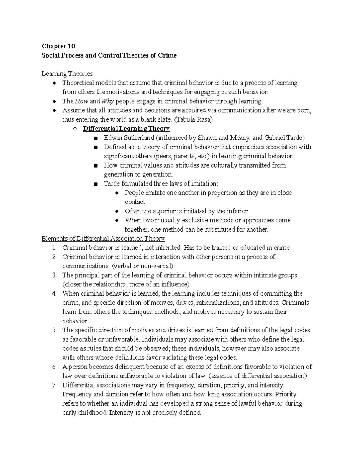 Test 2 Chapter 10 - CRJU 341 Notes - Chapter 10 Social Process and ...