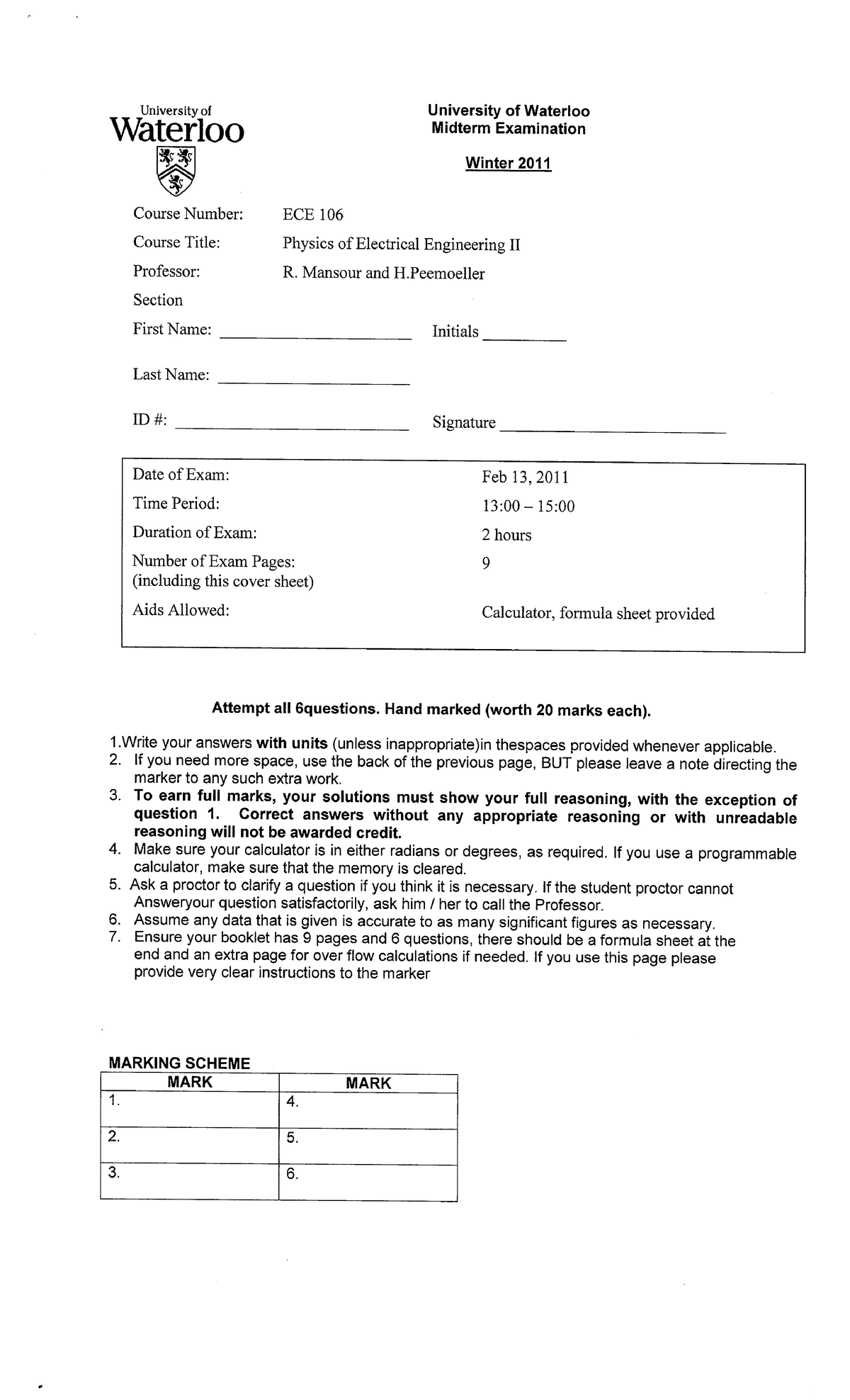 Exam, answers - ECE 106 - Studocu