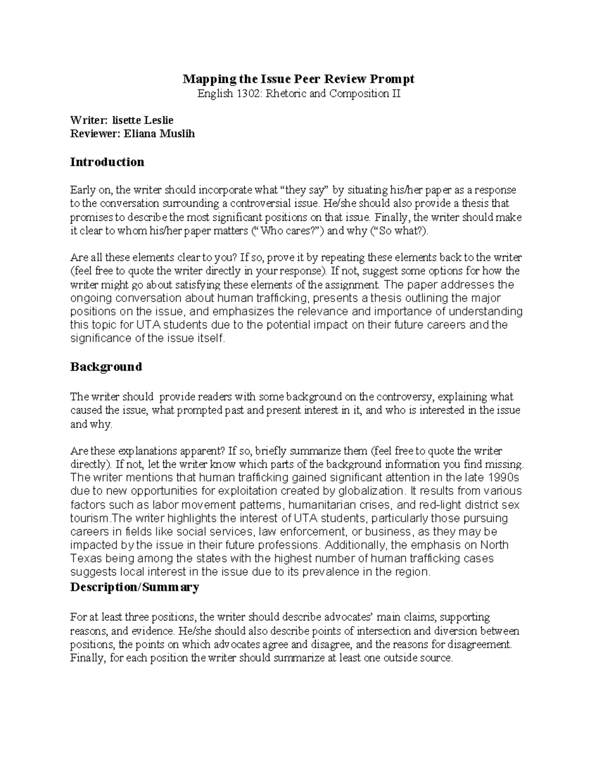 Peeer review april - n/a - Mapping the Issue Peer Review Prompt English ...