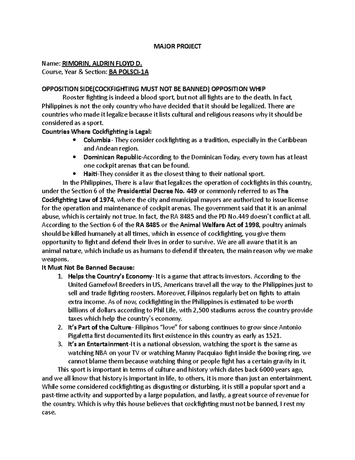 Cockfighting Tradition Around the World - MAJOR PROJECT Name: RIMORIN ...