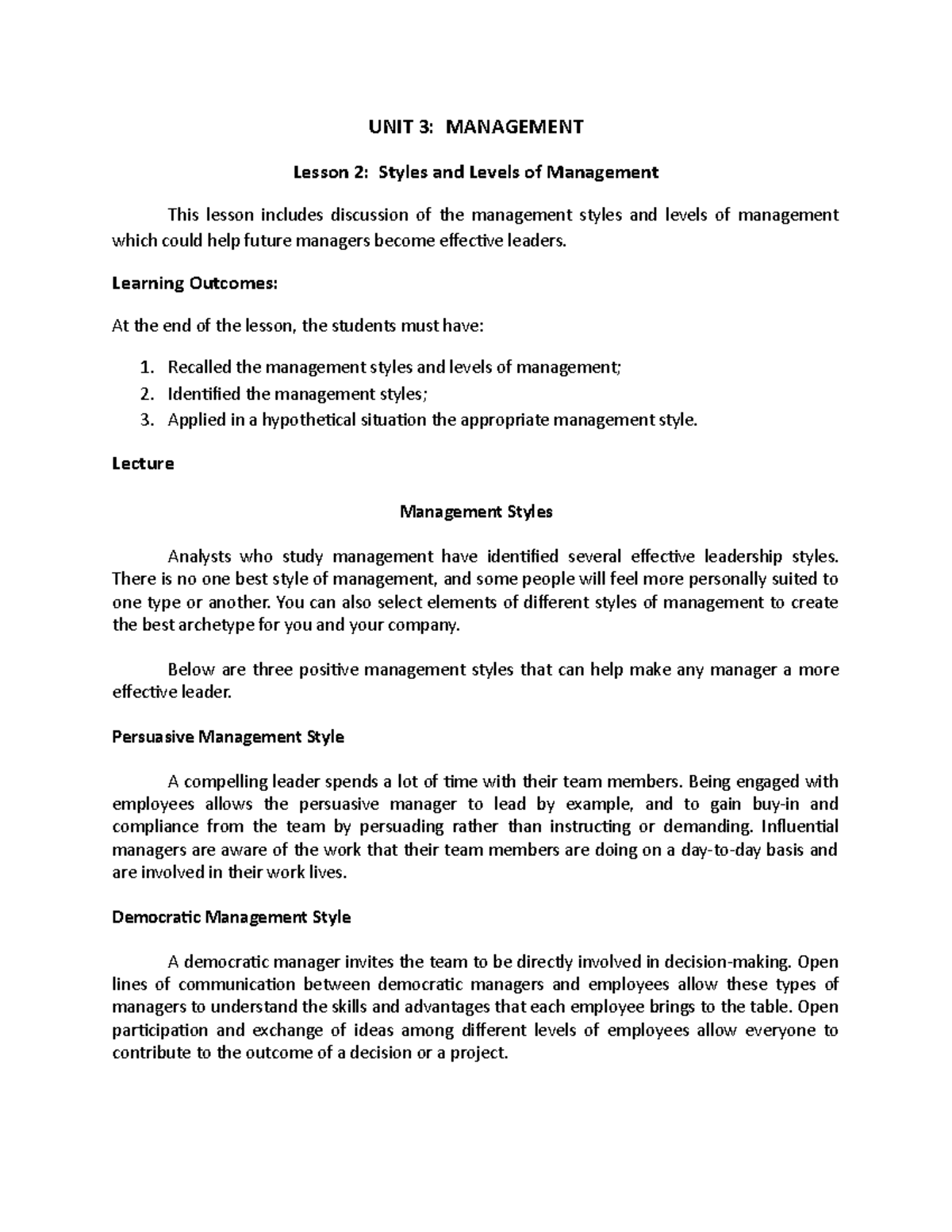 UNIT 3 Lecture 2 only - This material teach you a lot - UNIT 3: MANAGEMENT Lesson 2: Styles and ...