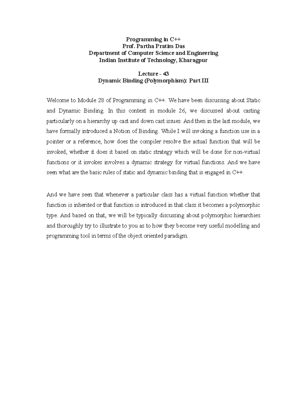 Lec 43 Module 28 Dynamic Binding Polymorphism Part Iii Lecture 43 Programming In C Prof 1161