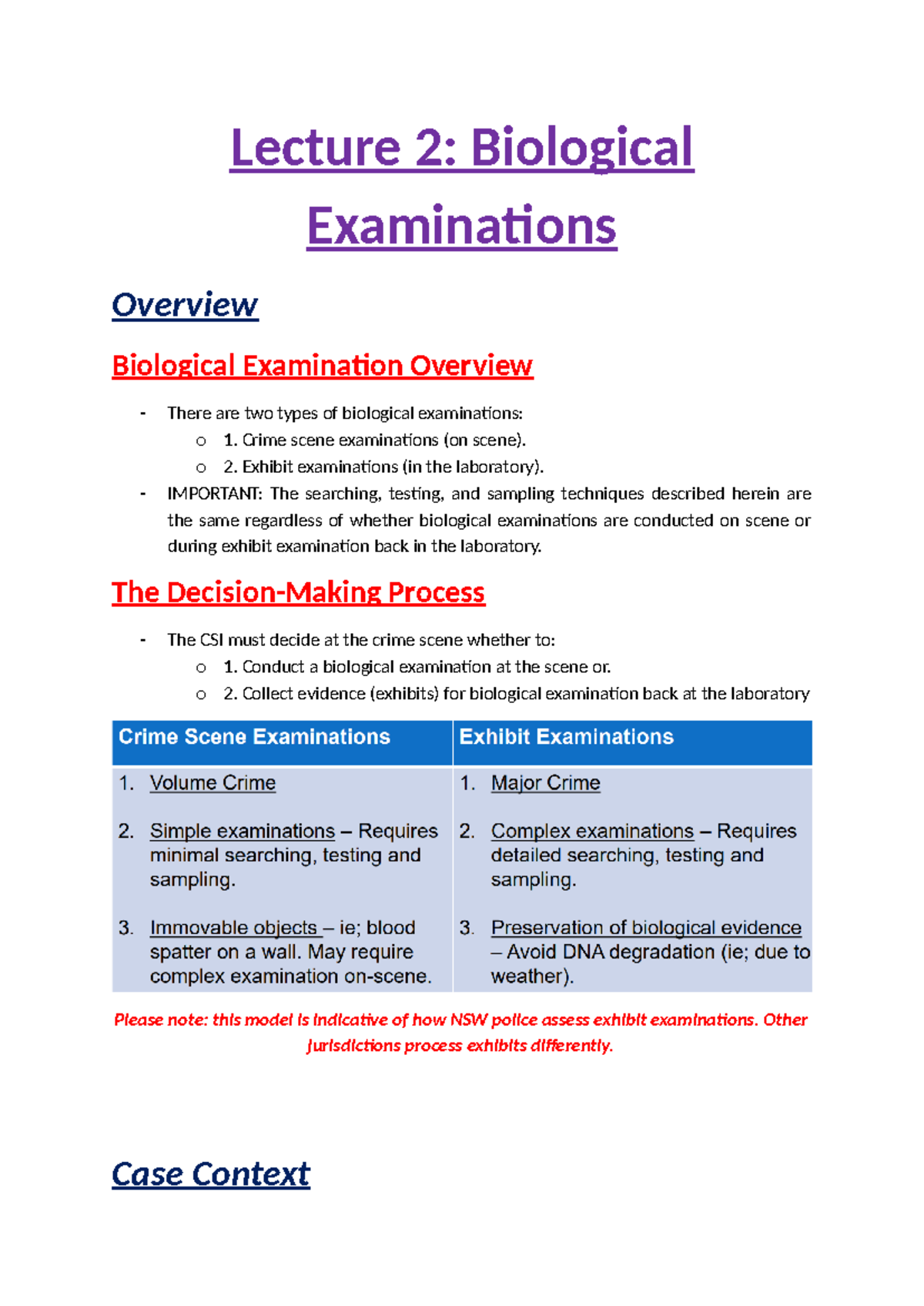 Lecture 2 - Forensic Examination - Lecture 2: Biological Examinations ...