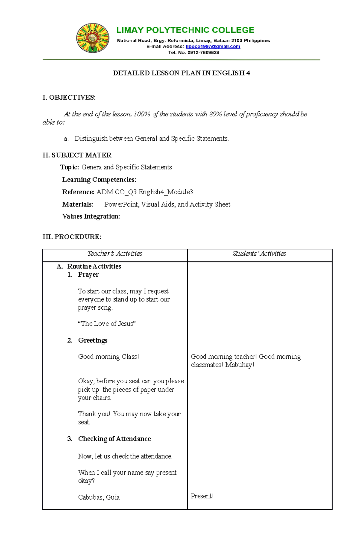 Detailed Lesson PLAN IN English 4 - DETAILED LESSON PLAN IN ENGLISH 4 I ...