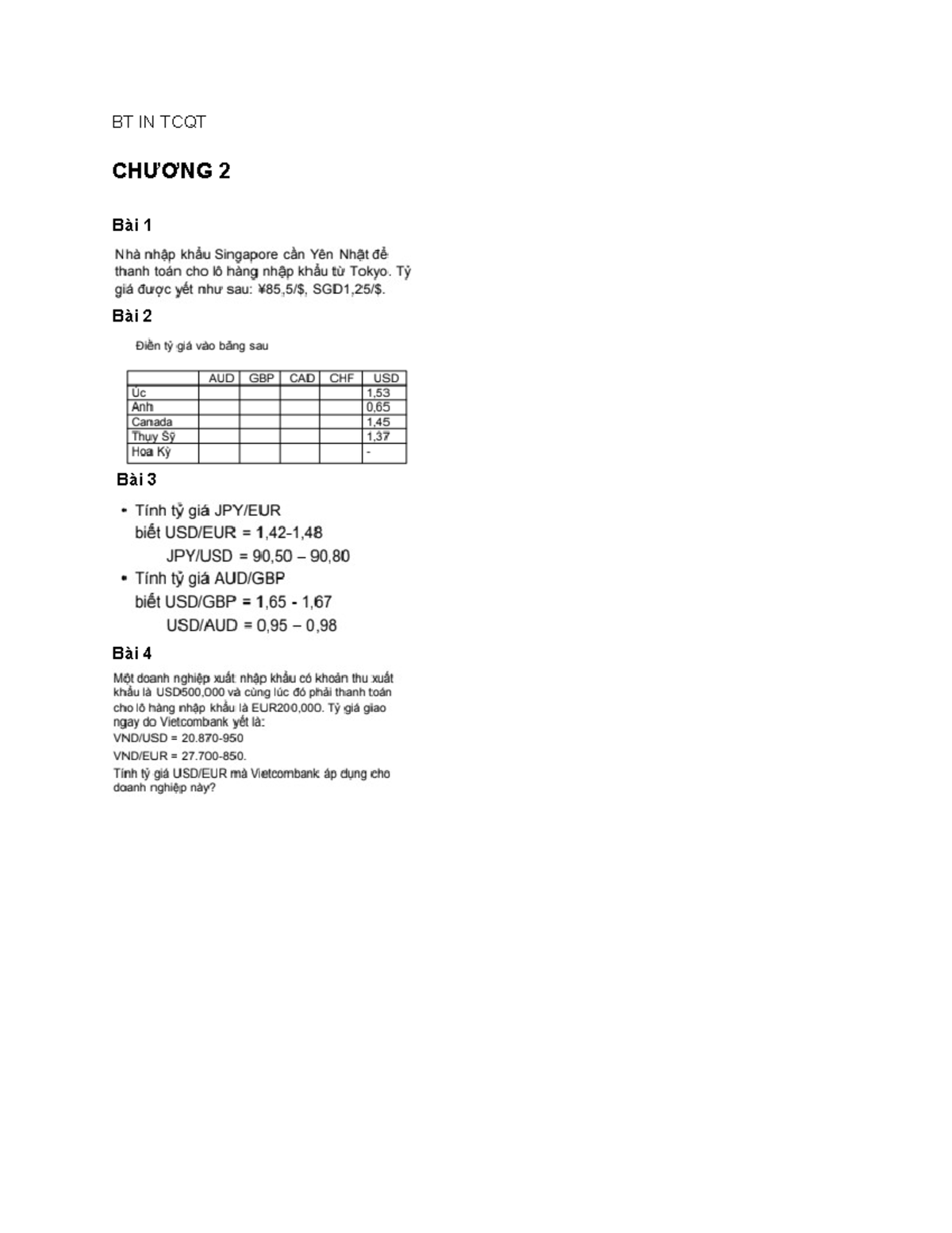 Bài tập ôn thi môn TCQT - Quản trị rủi ro tài chính - BT IN TCQT CHƯƠNG Bài Bài Bài Bài Bài ...