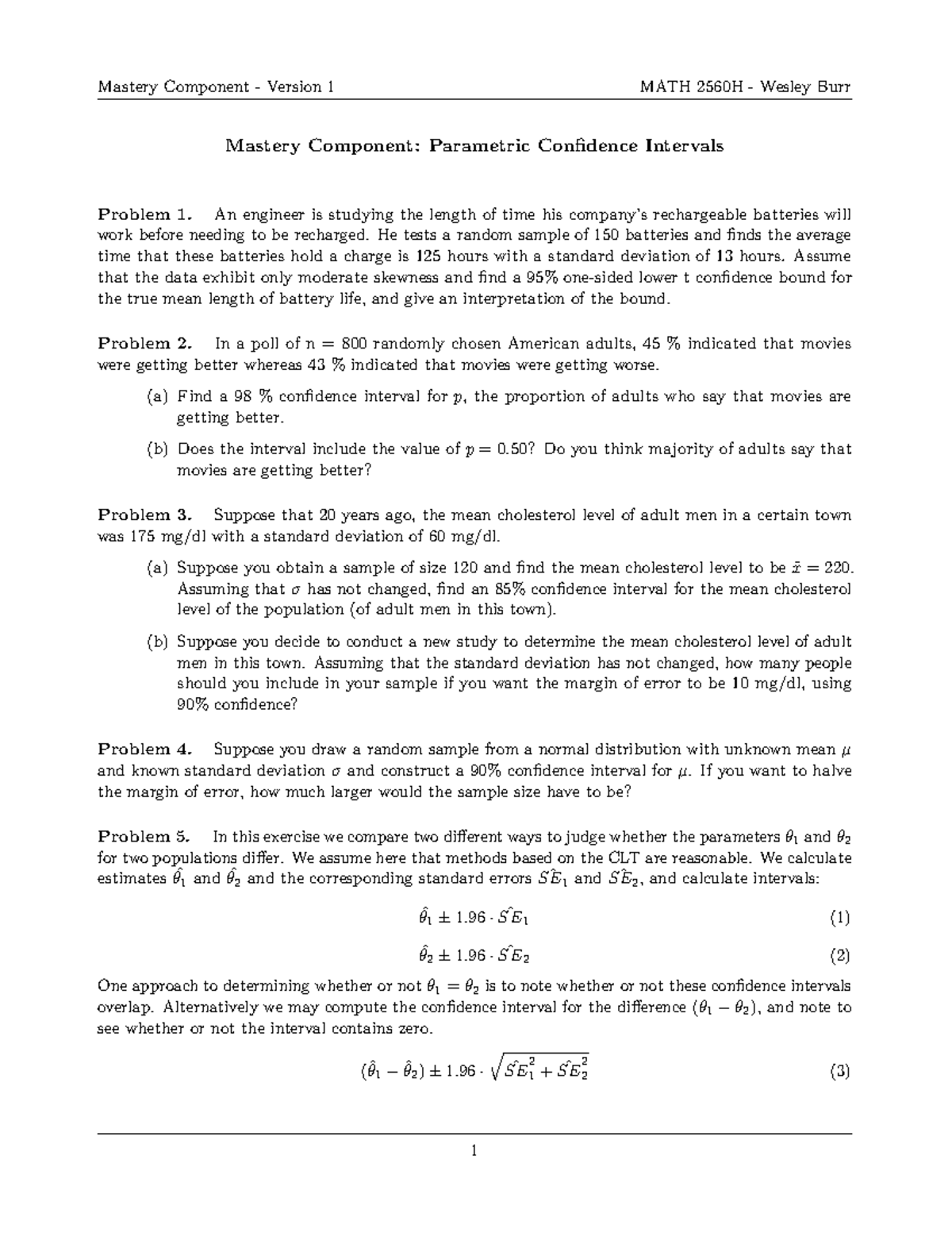 2560WI21 Parametric CI v1 - Mastery Component - Version 1 MATH 2560H - Wesley Burr Mastery - Studocu