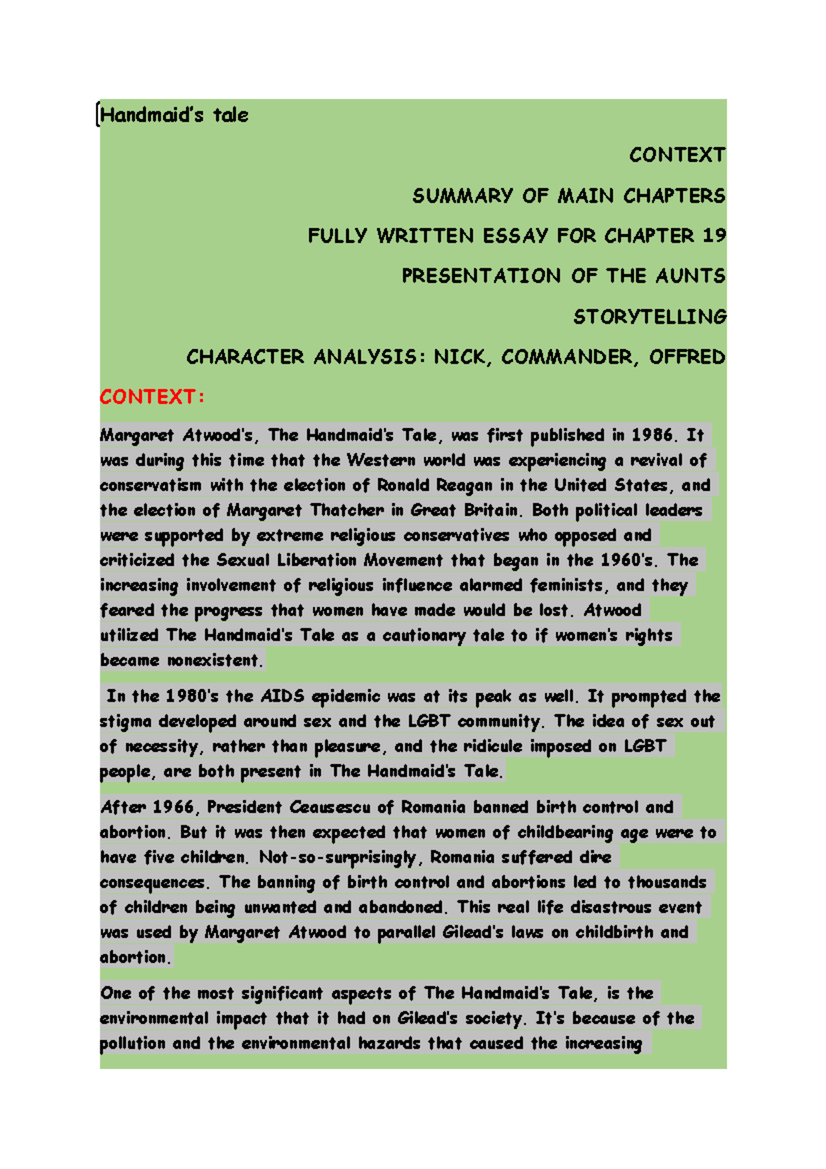 Handmaid's tale - Handmaid’s tale CONTEXT SUMMARY OF MAIN CHAPTERS ...