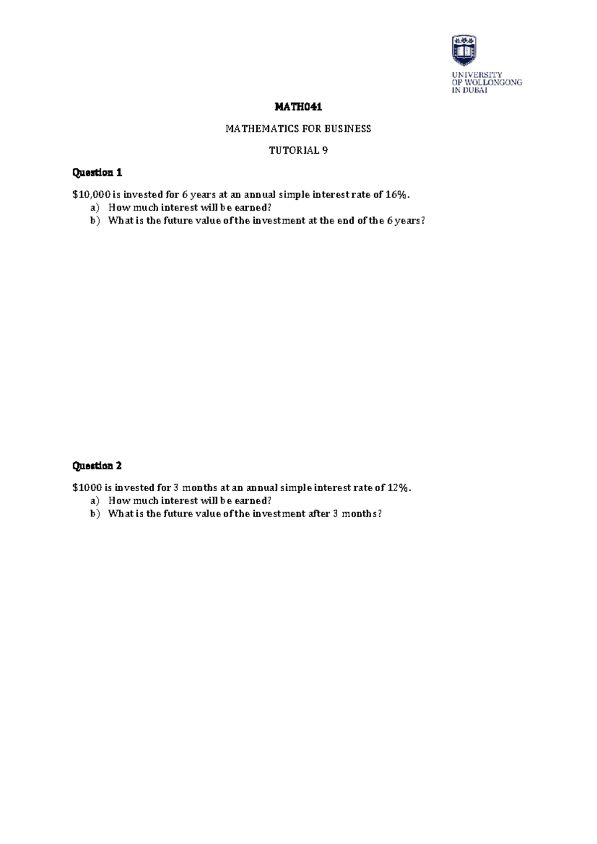 Tutorial 9 - good for revision - MATH MATHEMATICS FOR BUSINESS TUTORIAL ...