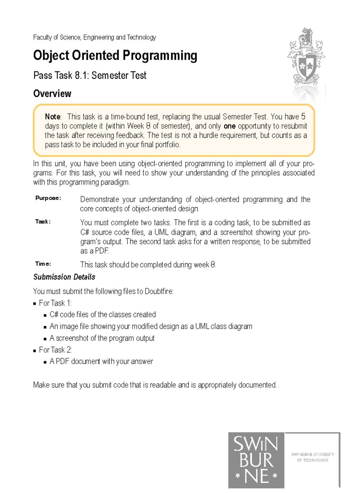8 1p Tasks That Faculty Of Science Engineering And Technology Object Oriented Programming