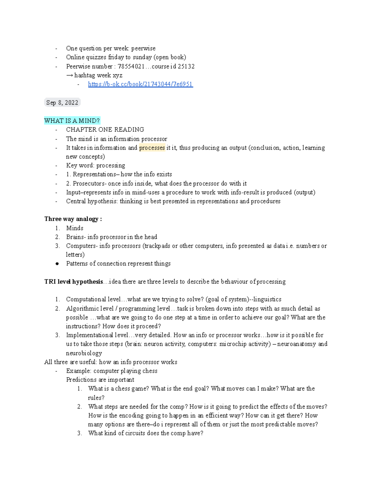 Cogs lecture notes - One question per week: peerwise Online quizzes ...