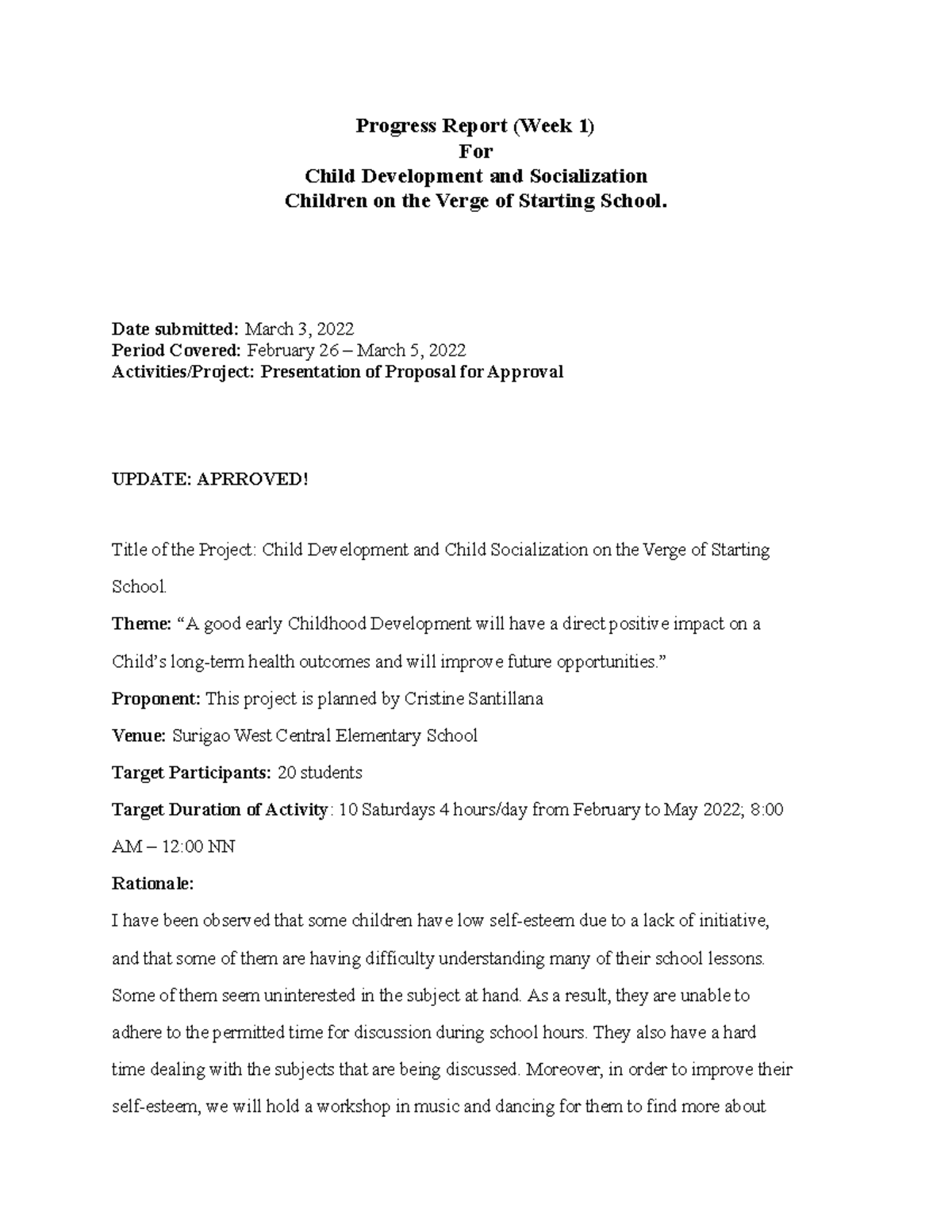 Progress Report Week 1 - Nice teaching - Progress Report (Week 1) For Child Development and ...