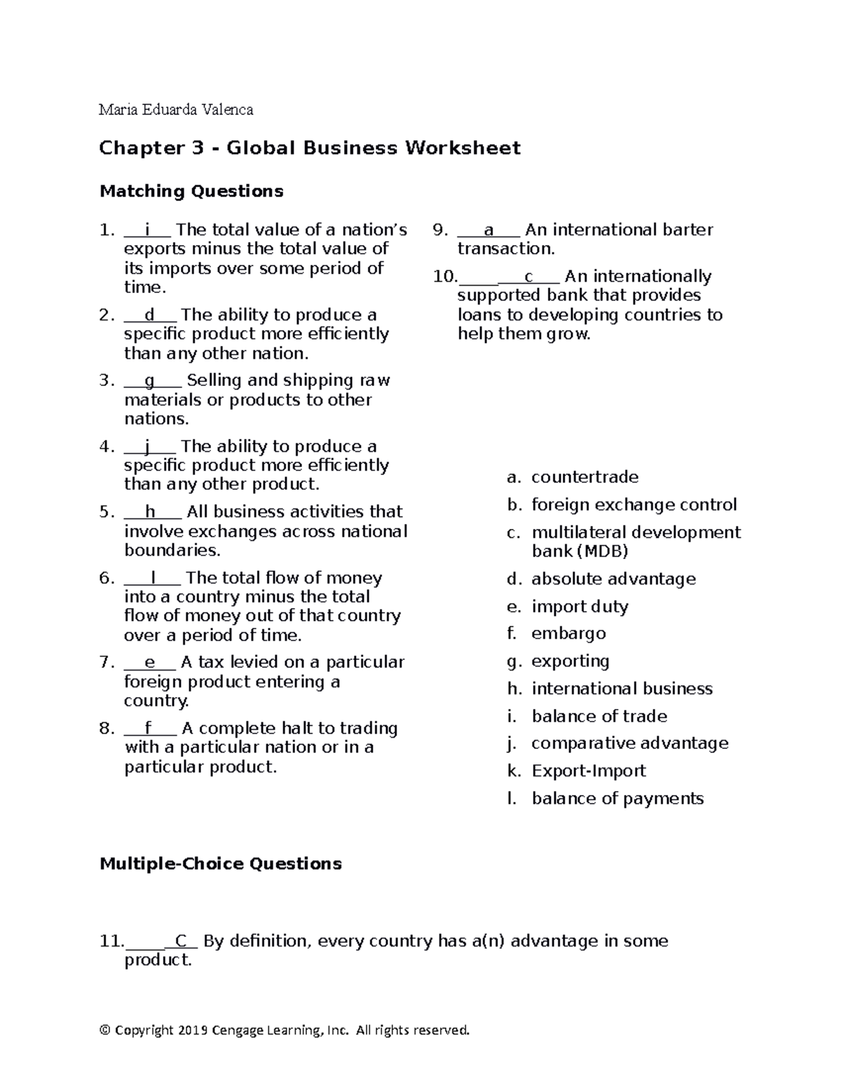 BUSN 101 Chapter 3 Worksheet - Maria Eduarda Valenca Chapter 3 - Global ...