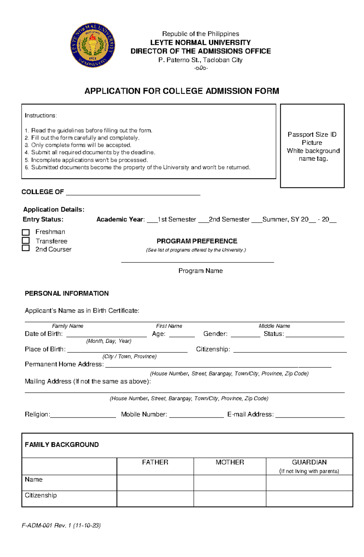 F-ADM-001 Rev.1 (11-10-2023) Application for Admission Form - F-ADM ...
