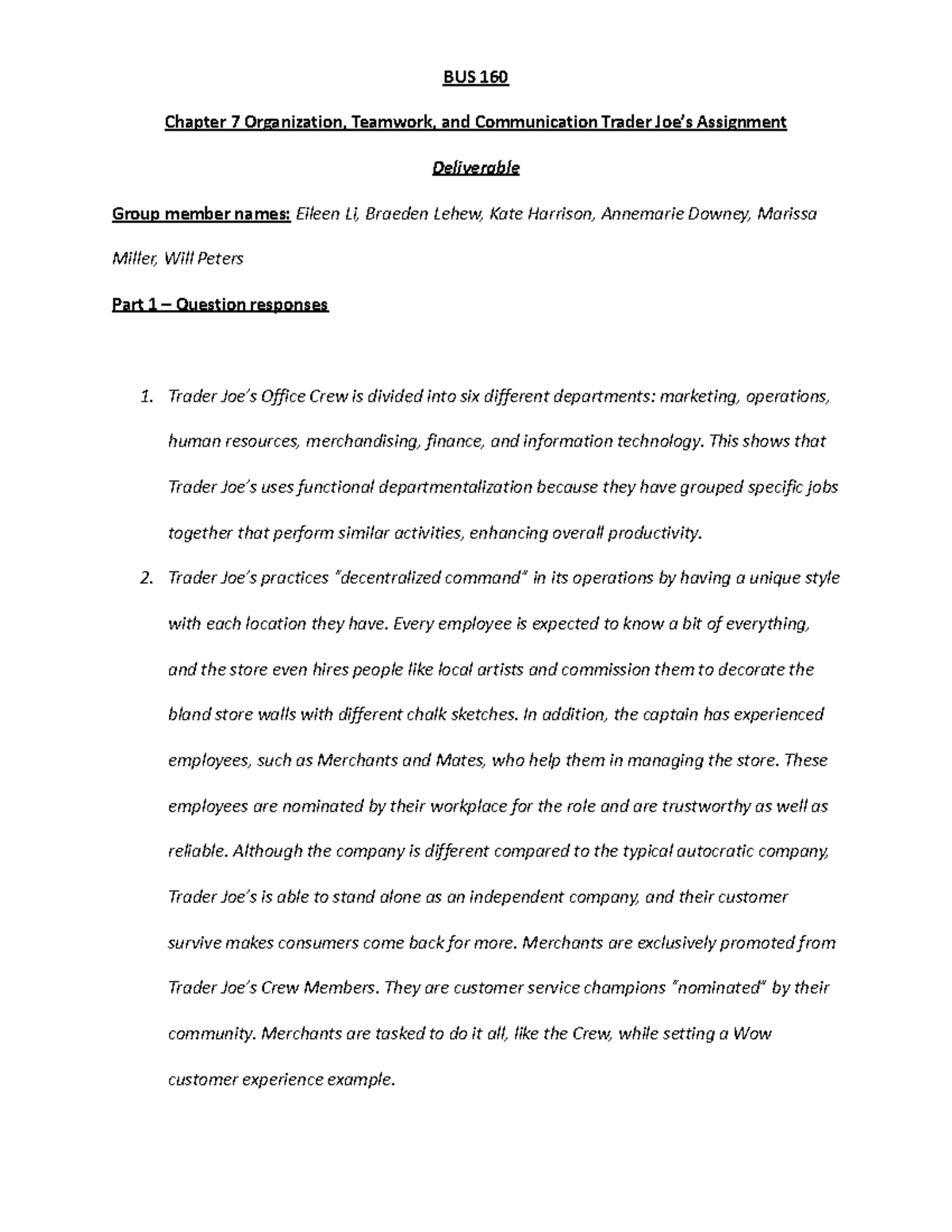 Trader Joe's Assignment Chapter 7 Organization-Canvas Final - BUS 160 Chapter 7 Organization ...