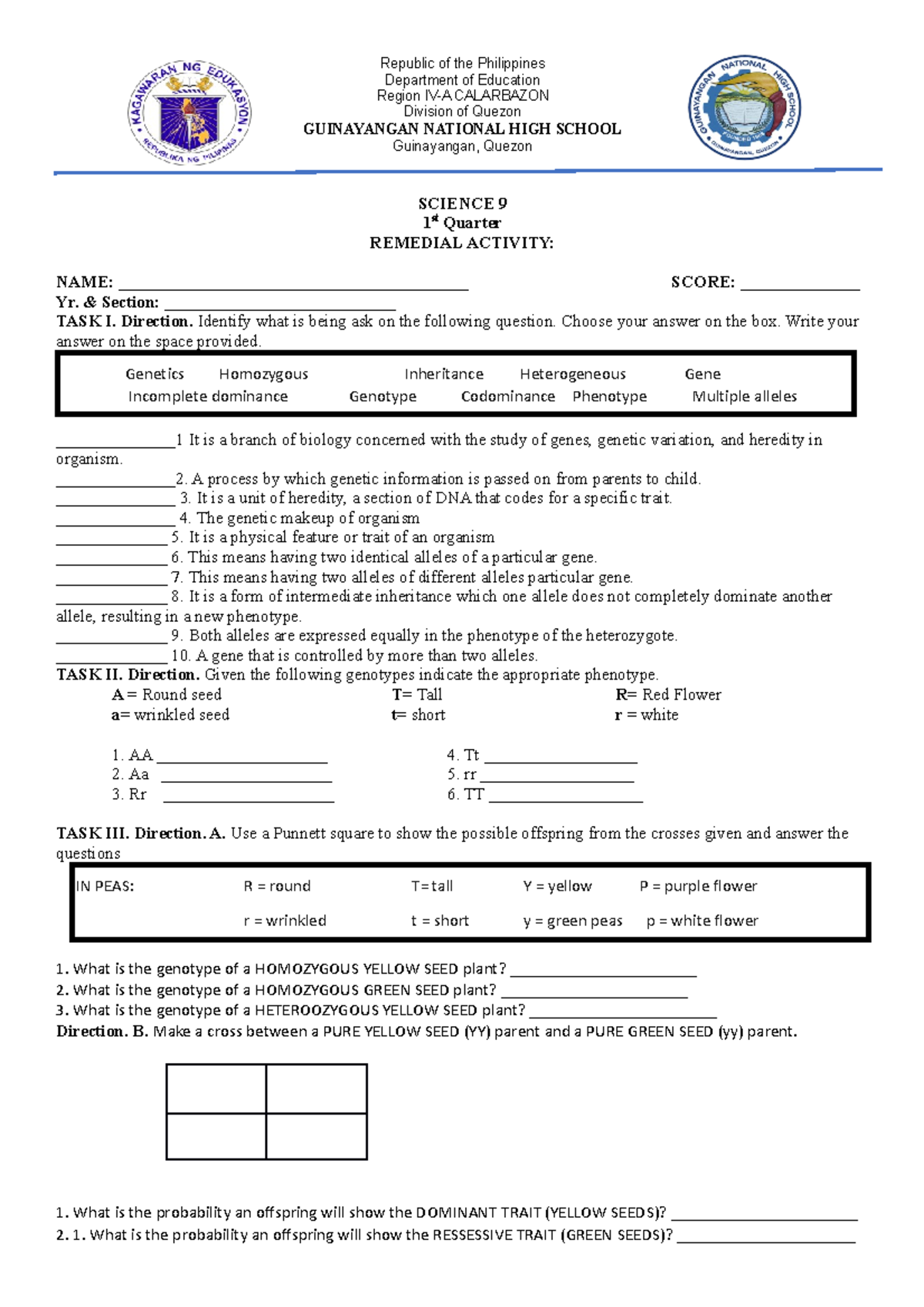 Remedial activity q1 - Republic of the Philippines Department of ...