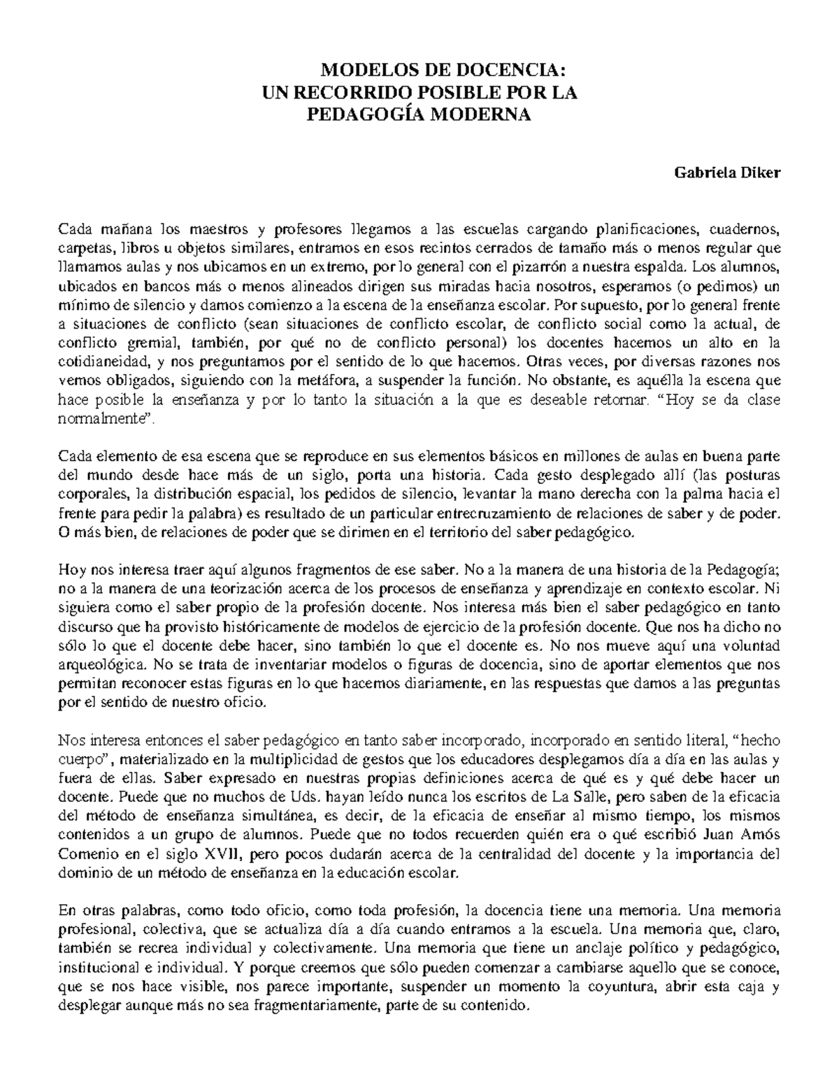 Diker - Modelos de docencia - MODELOS DE DOCENCIA: UN RECORRIDO POSIBLE ...