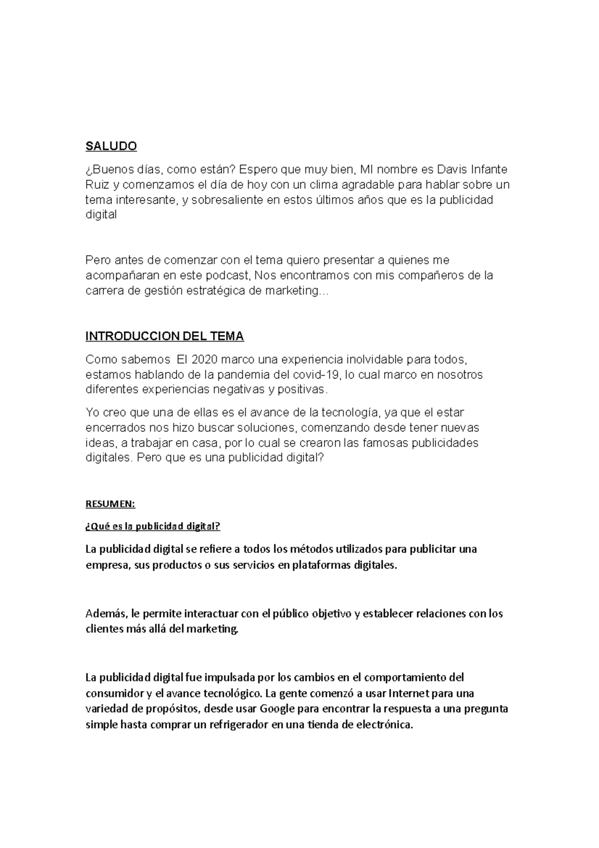 Podcats word - sdffd - SALUDO ¿Buenos días, como están? Espero que muy ...