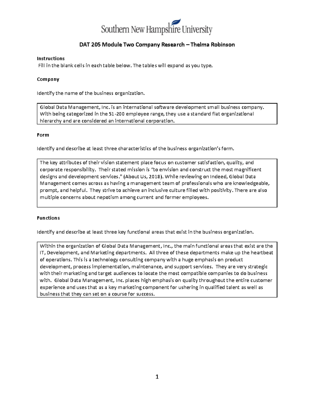 DAT 205 Module Two Company Research -Thelma Robinson - 1 DAT 205 Module ...