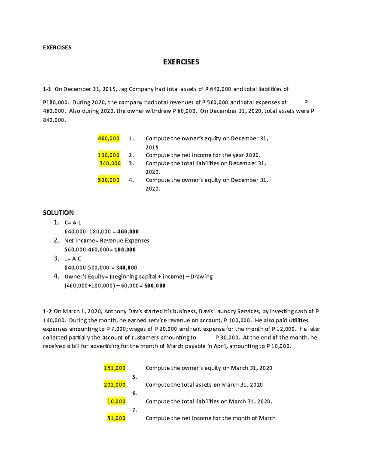 Accounting Exercises - EXERCISES EXERCISES 1-1 On December 31, 2019 ...
