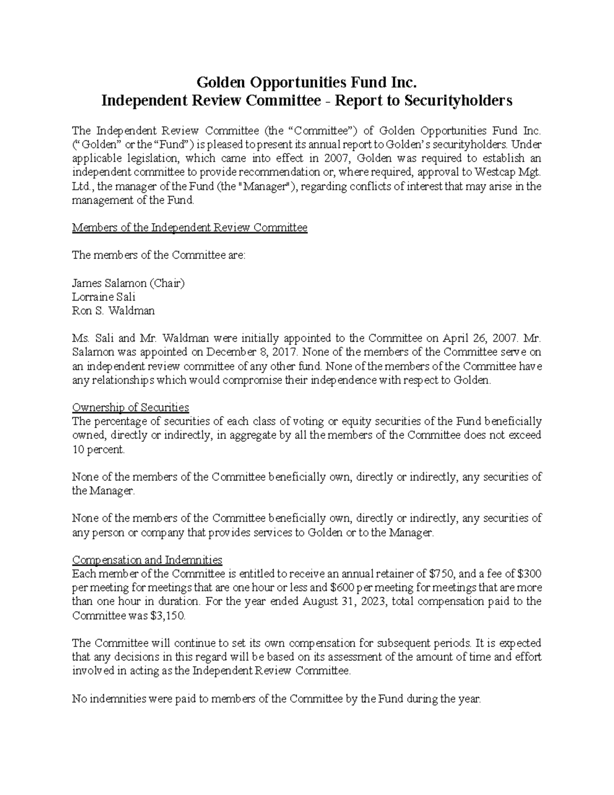 IRC Report to Securityholders Nov 2023 - Golden Opportunities Fund Inc ...