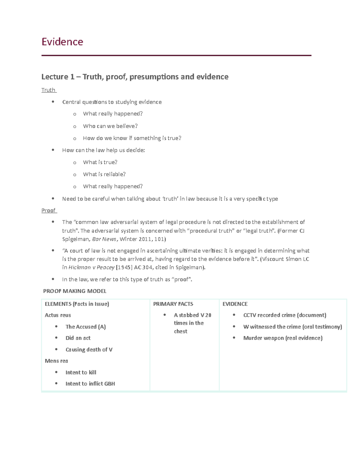 Evidence Lecture Notes - Evidence Lecture 1 – Truth, proof ...