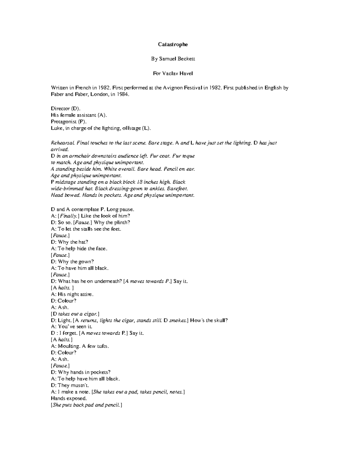 1 Samuel Beckett Catastrophe - Catastrophe By Samuel Beckett For Vaclav ...