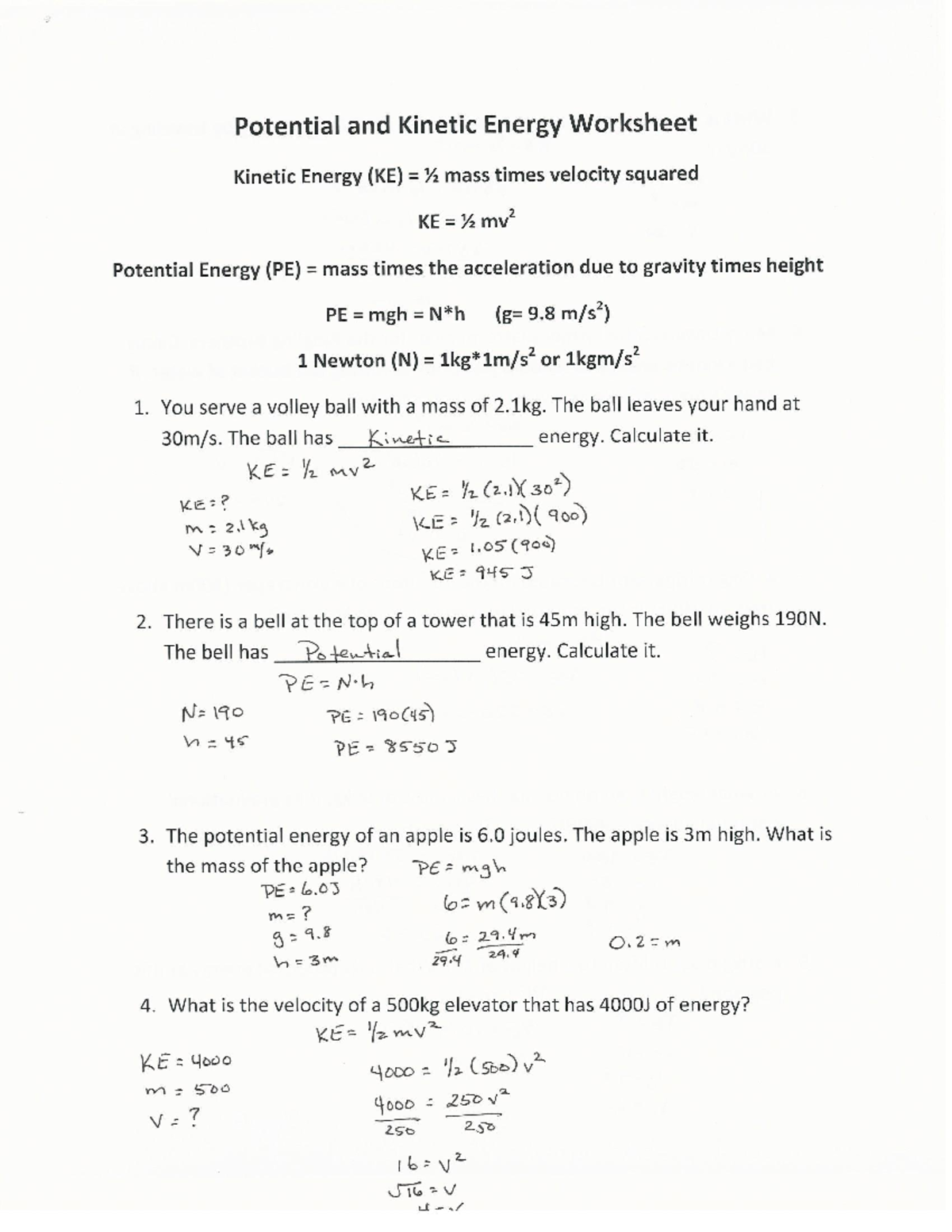 Potential and Kinetic Energy Worksheet answers - Physical Science - Studocu