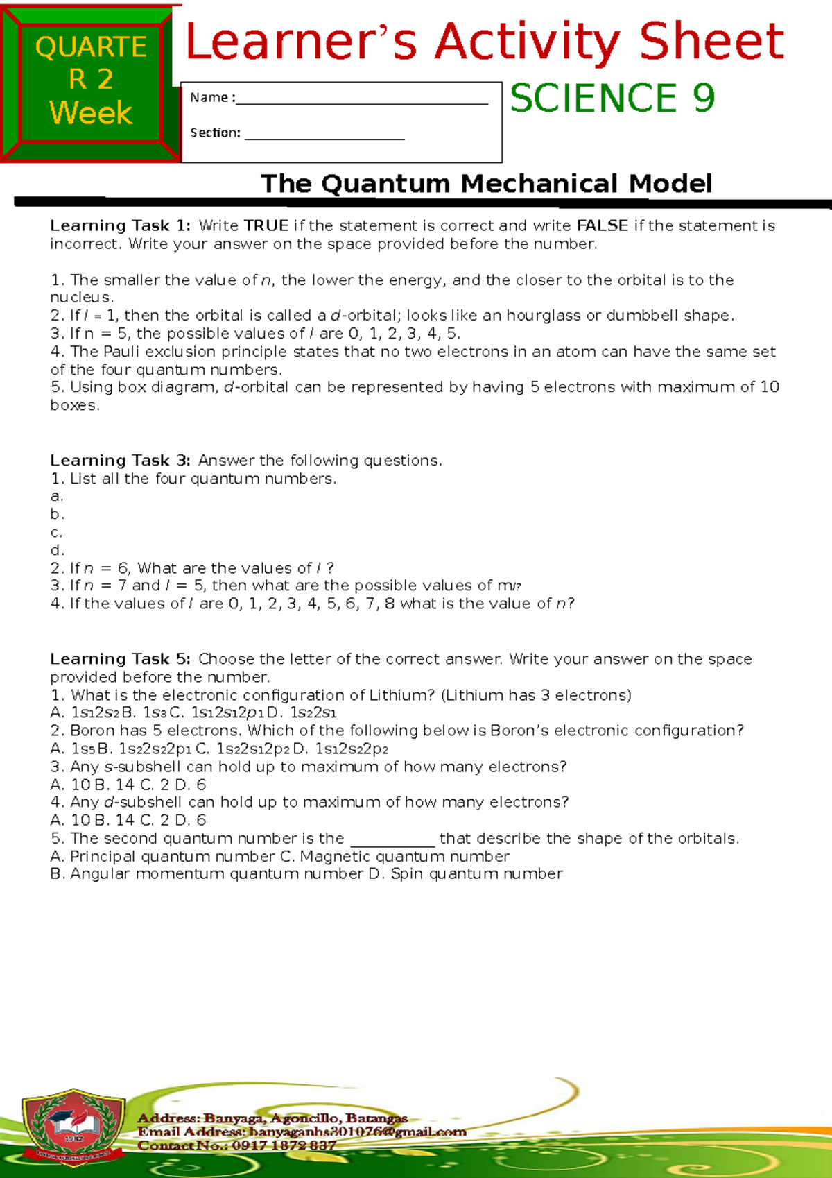 Science-week 1 Quarter 2 - The Quantum Mechanical Model Learning Task 1 ...