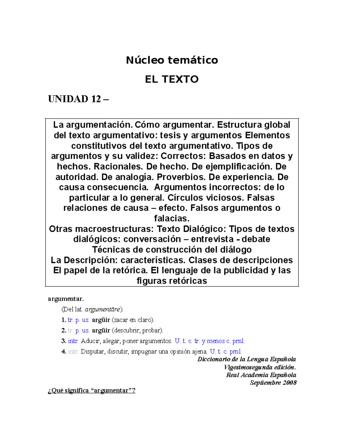 Unidad 12 - Núcleo temático EL TEXTO UNIDAD 12 – La argumentación. Cómo ...