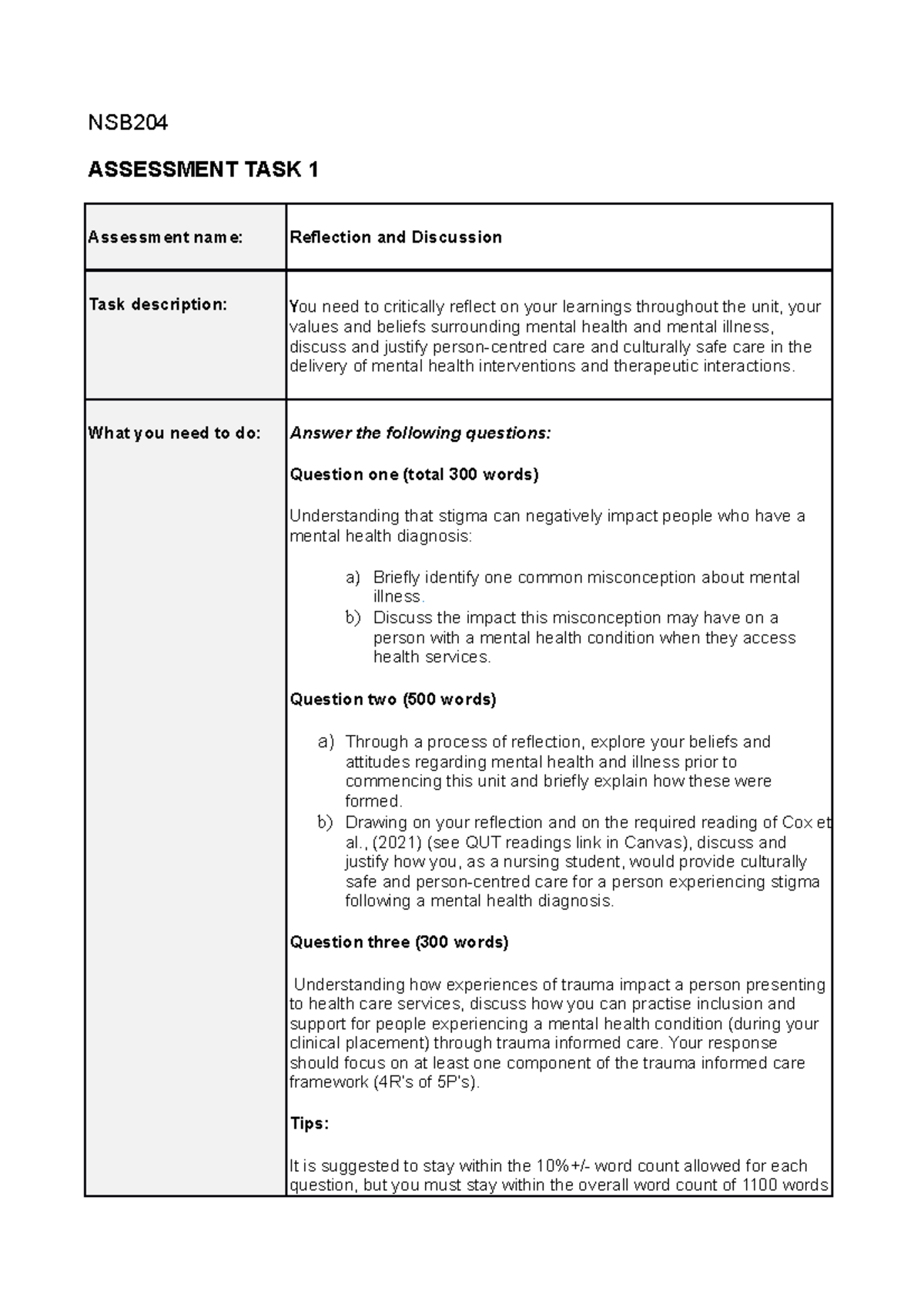 Task Sheet - NSB ASSESSMENT TASK 1 Assessment name: Reflection and ...