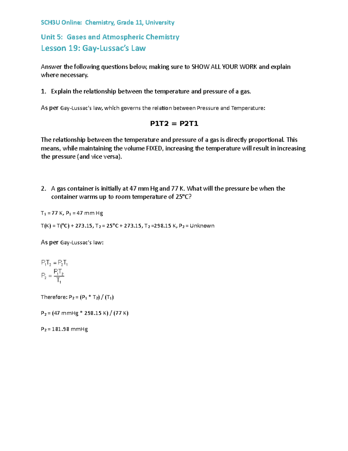 U5L19 - Gay-Lussac's Law Assignment - SCH3U Online: Chemistry, Grade 11 ...